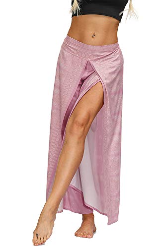 GLUDEAR Womens Palazzo Slit Wide Leg Pants Summer Casual Beach Boho Hippie Bohemian Pilate,Pink Feather,S/M