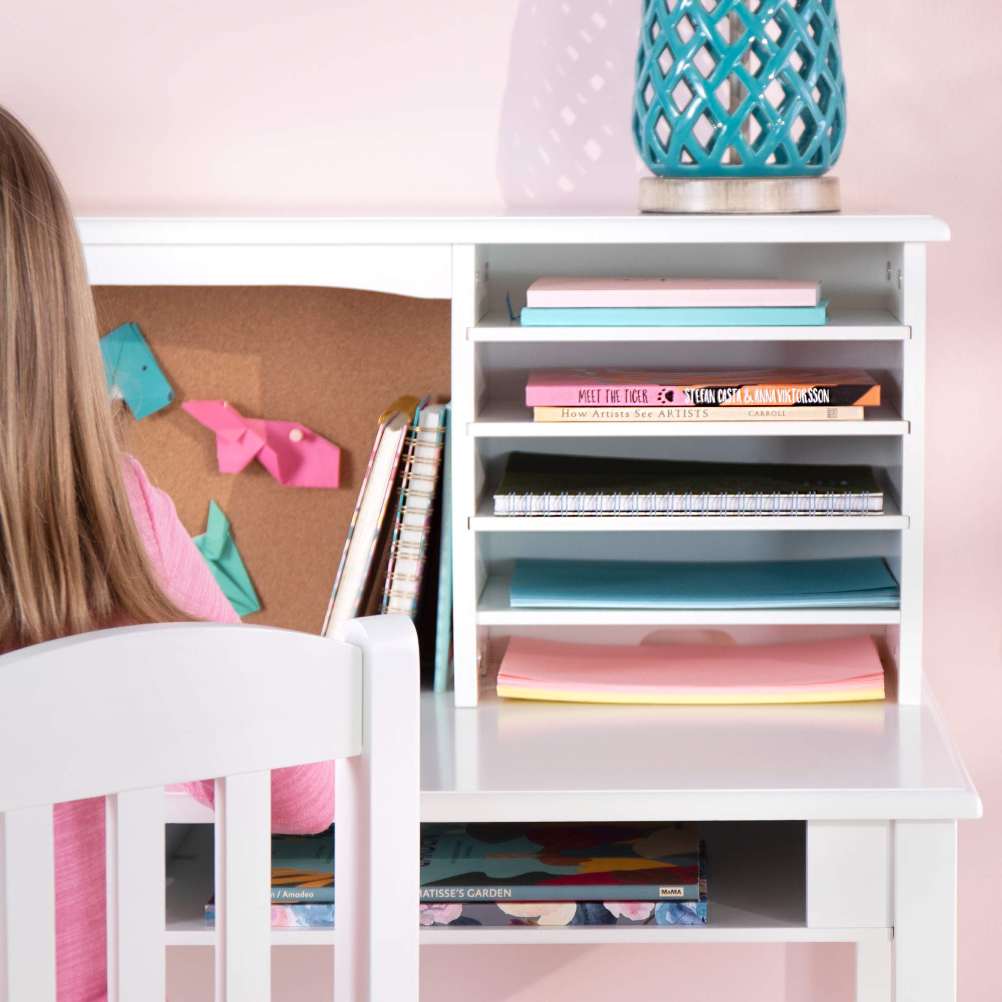 Guidecraft Children’s Media Desk and Chair Set – White: Student's Study Computer Workstation with Hutch and Storage, Wooden Kids Bedroom Furniture