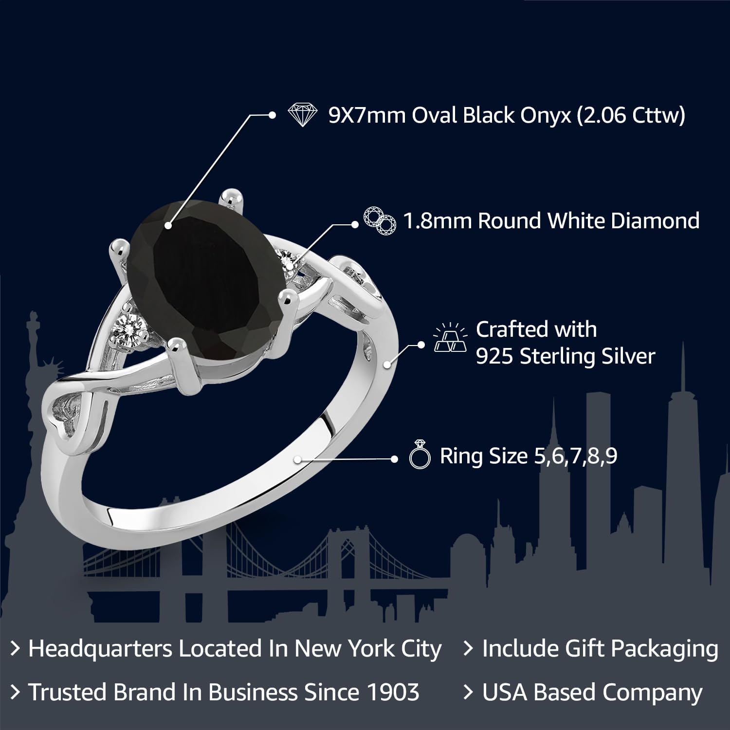 Gem Stone King 925 Sterling Silver Black Onyx and White Diamond 3-Stone Ring For Women (2.06 Cttw, Center: 9X7MM Oval, Gemstone Birthstone, Available In Size 5, 6, 7, 8, 9)
