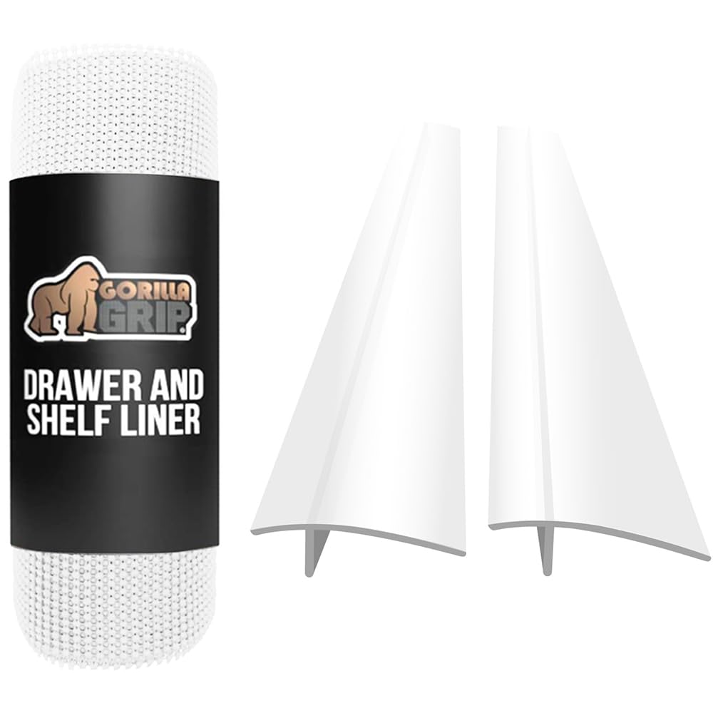 Gorilla Grip Drawer Liner and 2 Pack Silicone Stove Gap Covers, Cabinet Liner Size 12x20, Non-Adhesive, Counter Gap Cover Size 21In, Flexible Heat Resistant, Both in White, 2 Item Bundle