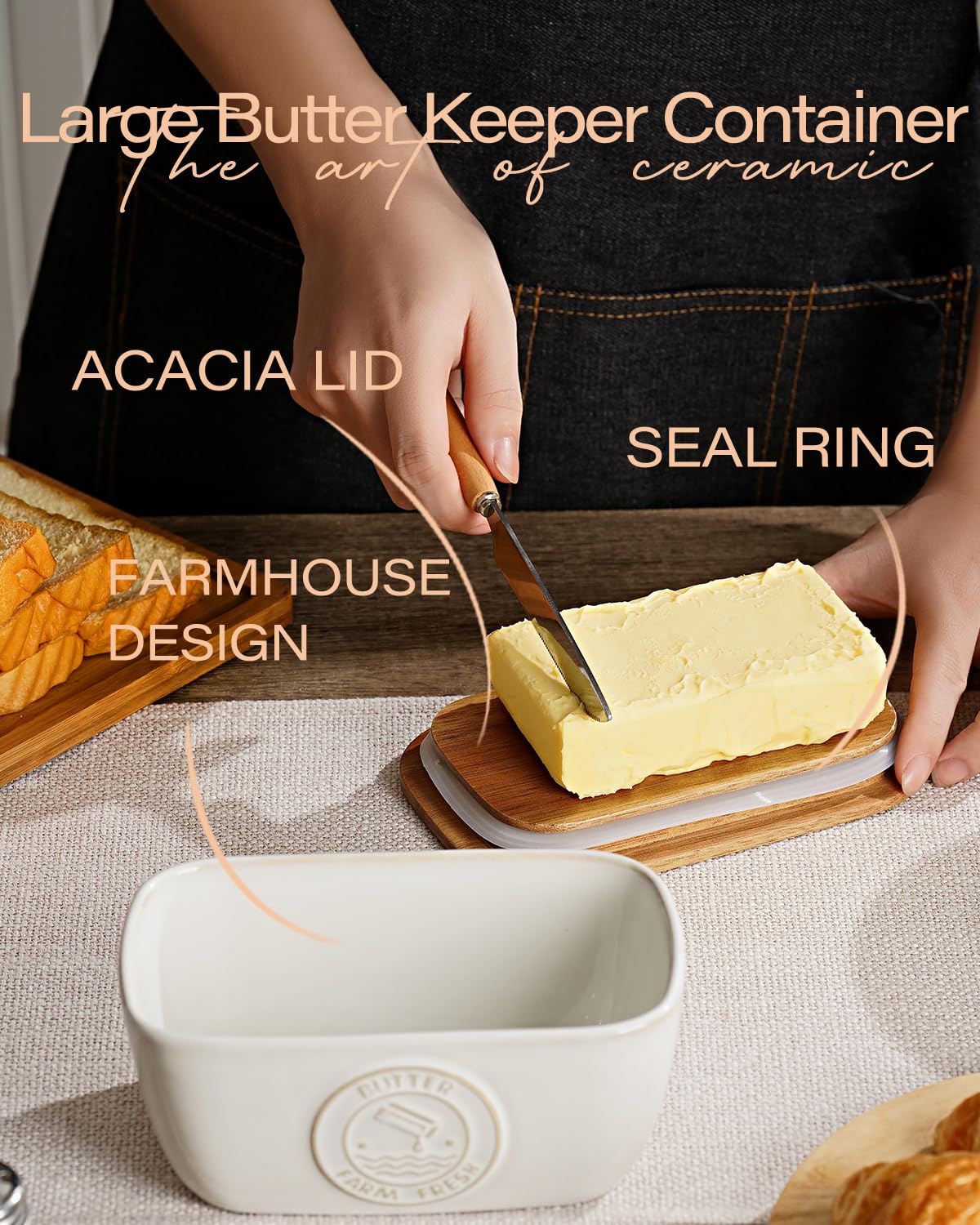 Getstar Ceramic Butter Dish with Acacia Lid for Countertop, Silicone Sealing, Farmhouse Kitchen Counter Decor, Large Butter Keeper Container (6.5βx4β)
