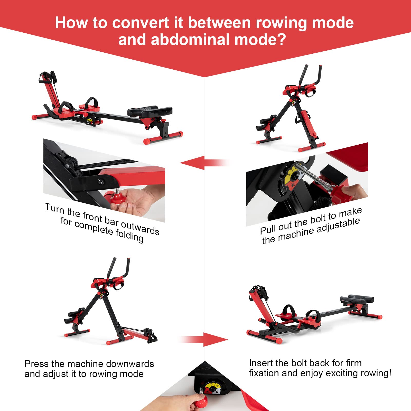 Goplus 4 in 1 Folding Rowing Machine, AB Crunch Workout Machine w/3-Level Angle & Adjustable Tension, Control Panel, Multi-function Rower AB Fitness Equipment for Home & Gym Use