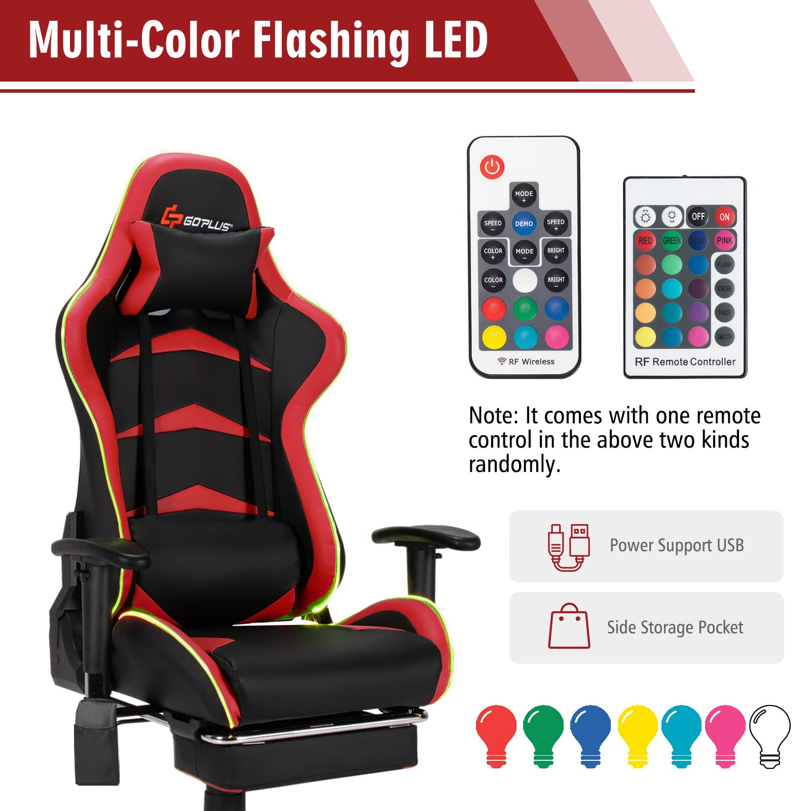 Goplus Massage Gaming Chair with LED Light, Reclining Backrest Handrails and Seat Height Adjustment Racing Computer Office Chair with Footrest, Ergonomic High Back PU Swivel Game Chair