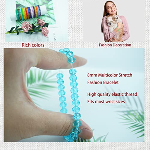 Hrwzs 18 Pcs 8mm Glass Bead Stretch Bracelets for Women, Multicolor Crystal Handmade Stackable Faceted Versatile Stackable Shiny Bead Bracelets Set