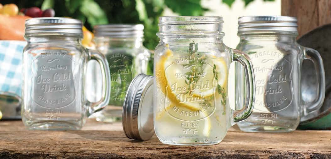 Glaver's Mason Drinking Jars β Set of 4, 16 Oz Clear Glass Jar with Handle and Lid. β Ice-Cold Drink Glassware Logo β Glass Mugs Ideal for Cold Beverages, Juice, Smoothie, Cocktails.
