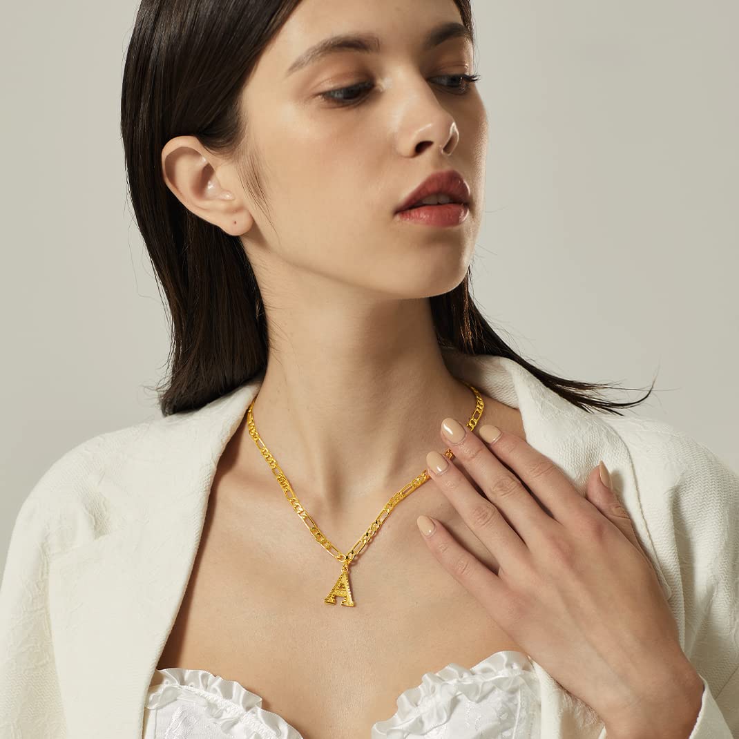 Gold Plated Diamond Cut Letter Initial T Pendant Necklace for Women A-Z Name Jewelry 16Inch/18inch Figaro Choker Chain Adjustable Personalized