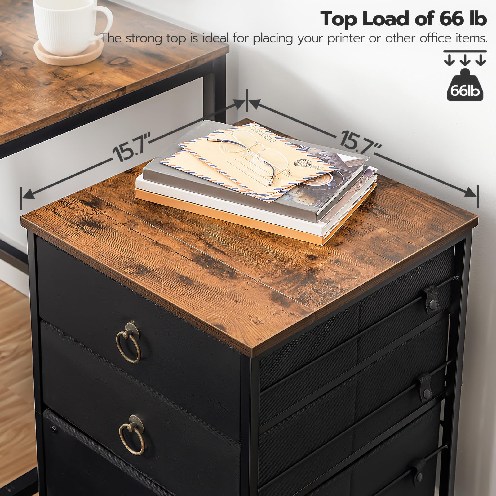 HOOBRO Mobile File Cabinet, Rolling Printer Stand with 3 Drawers, Fabric Vertical Filing Cabinet, Office Cabinet, Filing Cabinet for Home Office, A4/Letter-Sized, Rustic Brown and Black BFK30WJ01