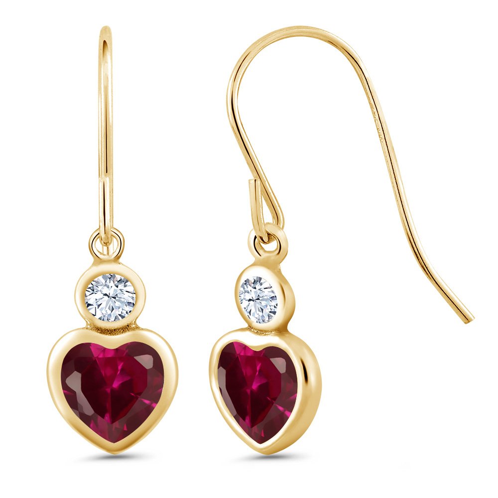 Gem Stone King 14K Yellow Gold Red Created Ruby and White Zirconia Drop French Wire Earrings For Women (1.42 Cttw, Gemstone July Birthstone, Heart Shape 5MM, Round 3MM)