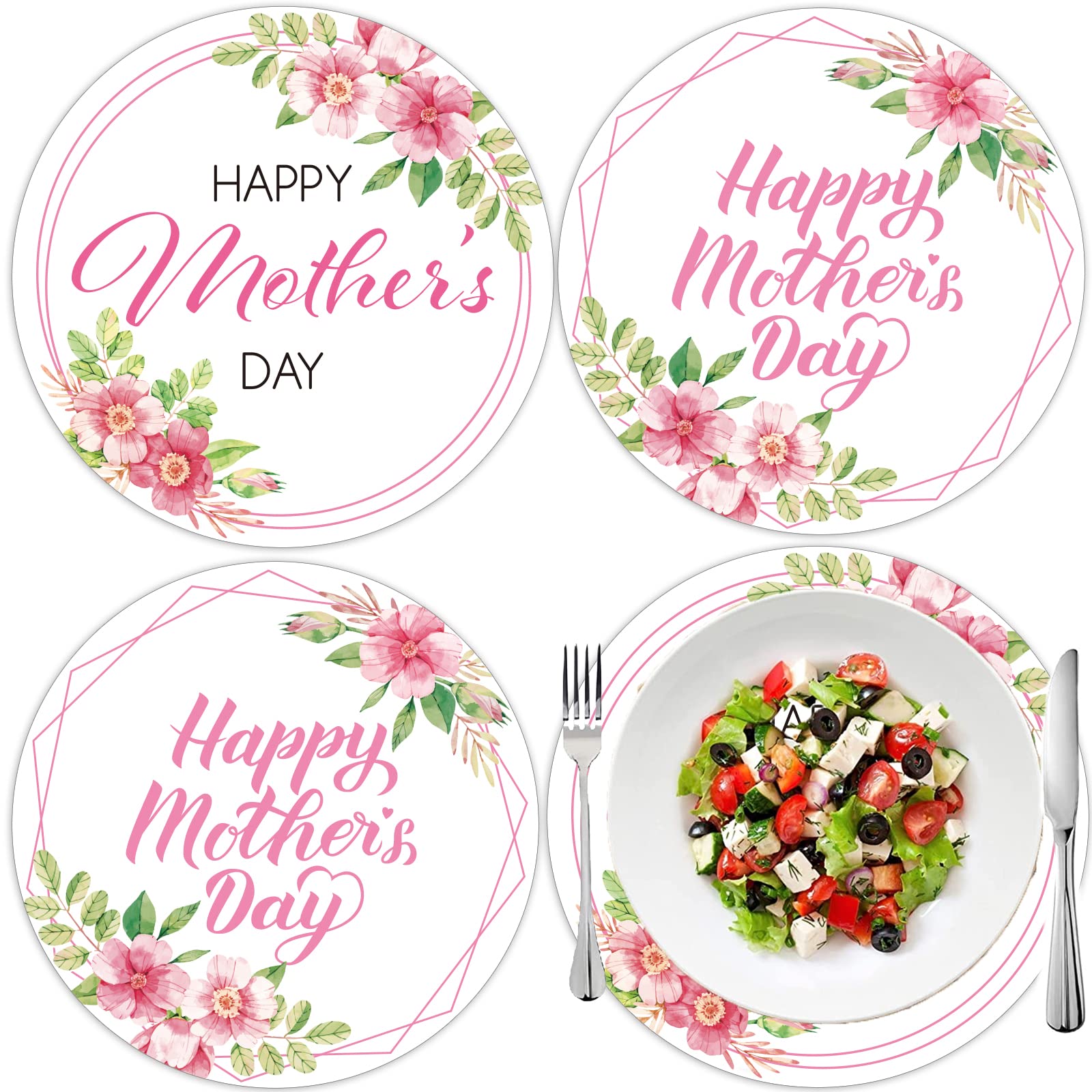 Happy Mother's Day Round Place Mats 13" x 13", Mother’s Day Tableware Supplies for Holiday Party Floral Table Mat Pink Floral Disposable Chargers Dinnerware Paper Place Mats Decorations Favors