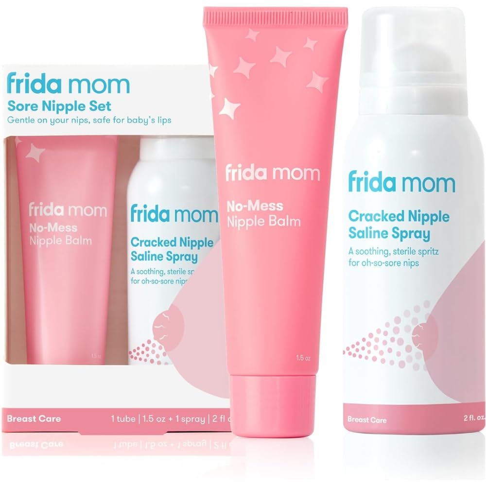Frida Mom Nipple Cream and Saline Spray Set, Breastfeeding Essentials for New Moms, Cracked Nipple Saline Spray and No-Mess Cream, 2pc Set