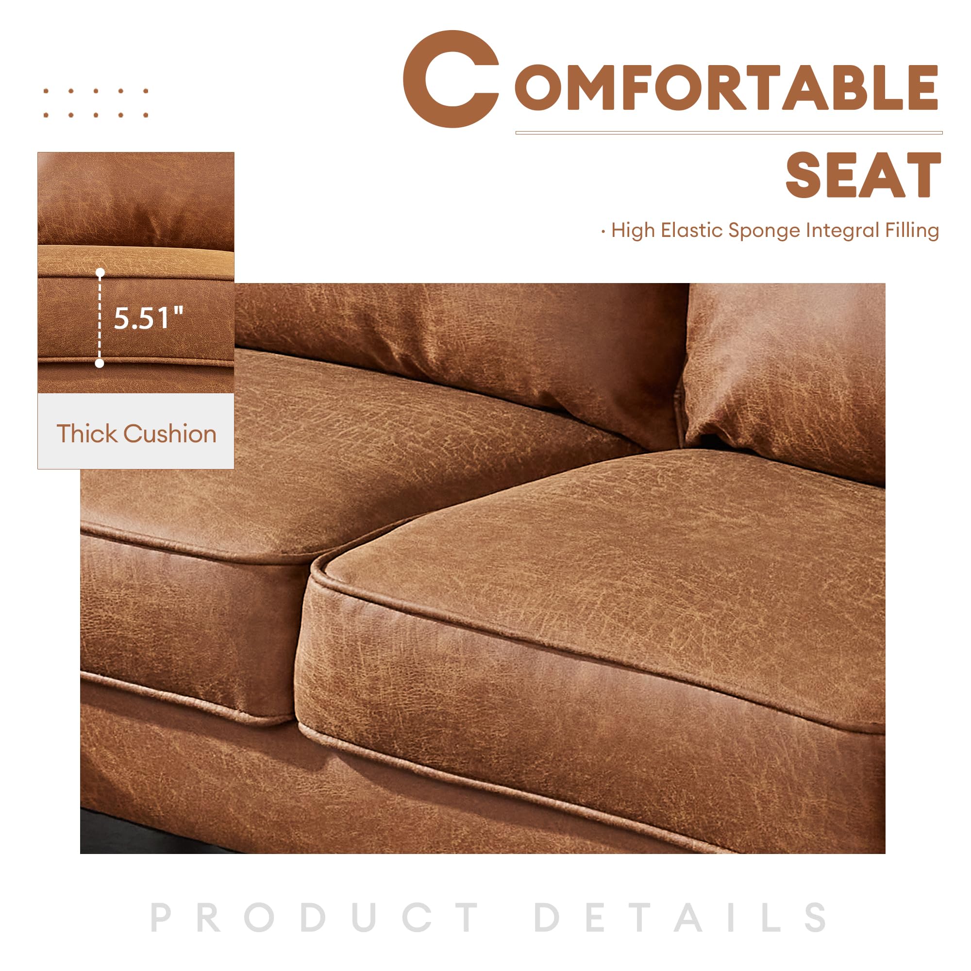 Weaxty 81.55" Sofa Couch, L Shaped Faux Leather Sectional with Chaise Suede Fabric Couch Sofas with Comfortable Cushions for Small Space Living Room Apartment, Right Chaise Brown