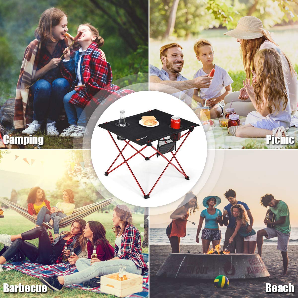 Goplus Portable Camping Table, Lightweight Folding Table with Cup Holders and Carrying Bag, Aluminum Picnic Table Suitable for Camping, Picnic, Outdoor, BBQ, Home