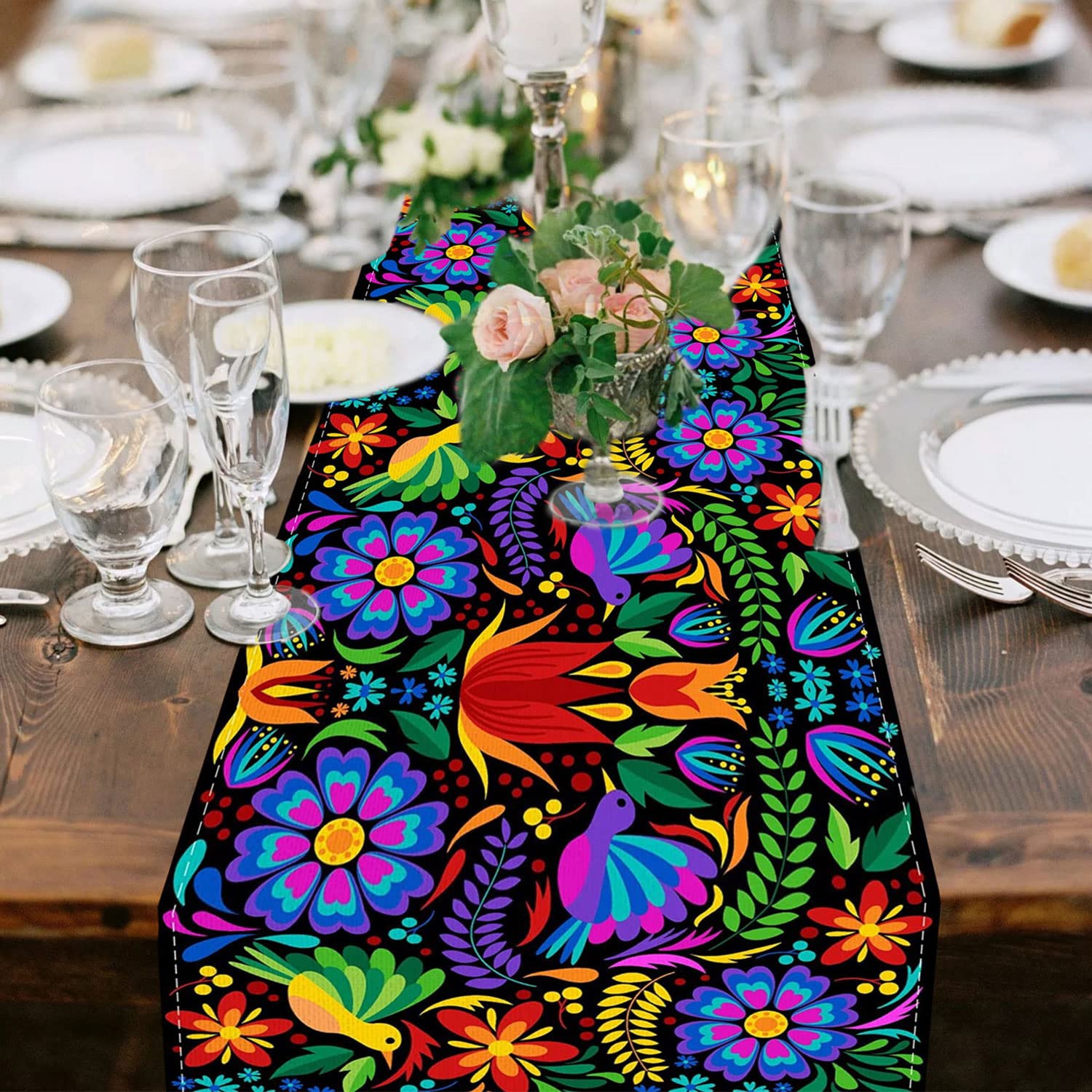 FUHSY Mexican Fiesta Table Runner Floral Linen Table Runner 13 x 72 Inch Dia De Los Muertos Decor Cinco De Mayo Mexican Theme Party Table Decorations Day of The Dead Serape Dinner Table Cloth Runner