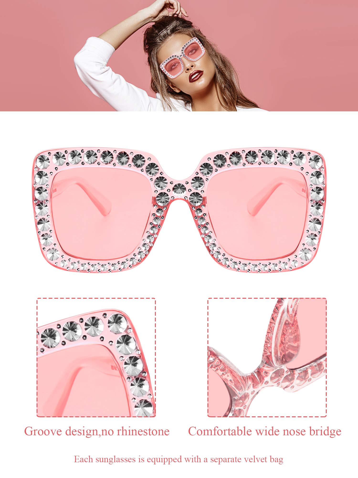 Frienda 2 Pieces Oversize Square Sparkling Sunglasses Retro Thick Frame Sunglasses (Clear Pink, Black)