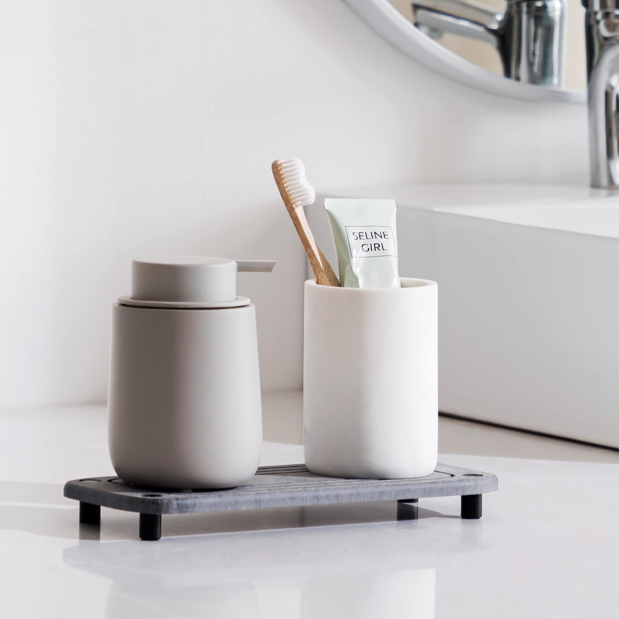 HBlife Instant Dry Sink Organizer for Bathroom & Kitchen, Fast Drying Sink Caddy Sink Tray, Diatomaceous Pedestal Stand Riser with Stainless Steel Feet Protection for Modern Home Decor (Grey)