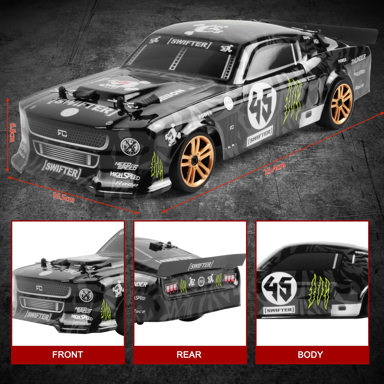 GoolRC RC Drift Car, 1:18 Scale Remote Control Car, 2.4GHz 4WD 30KM/H High Speed RC Racing Car with LED Light Strip and 2 Batteries for Adults and Kids