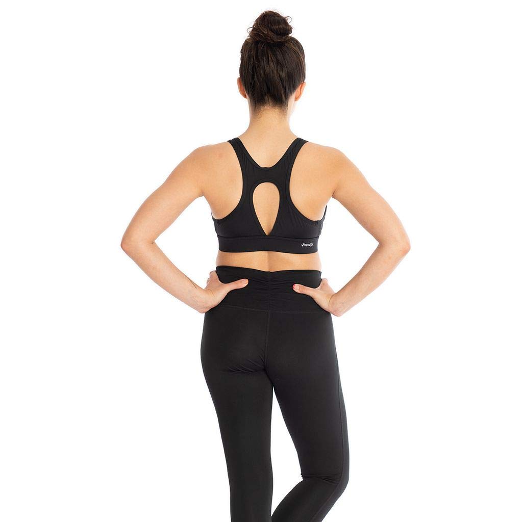 Handful The FaV Bra, Medium Support Sports Bra, Pockets, Removable Pads, Deep Plunge Neck Line, Booya Black, Small