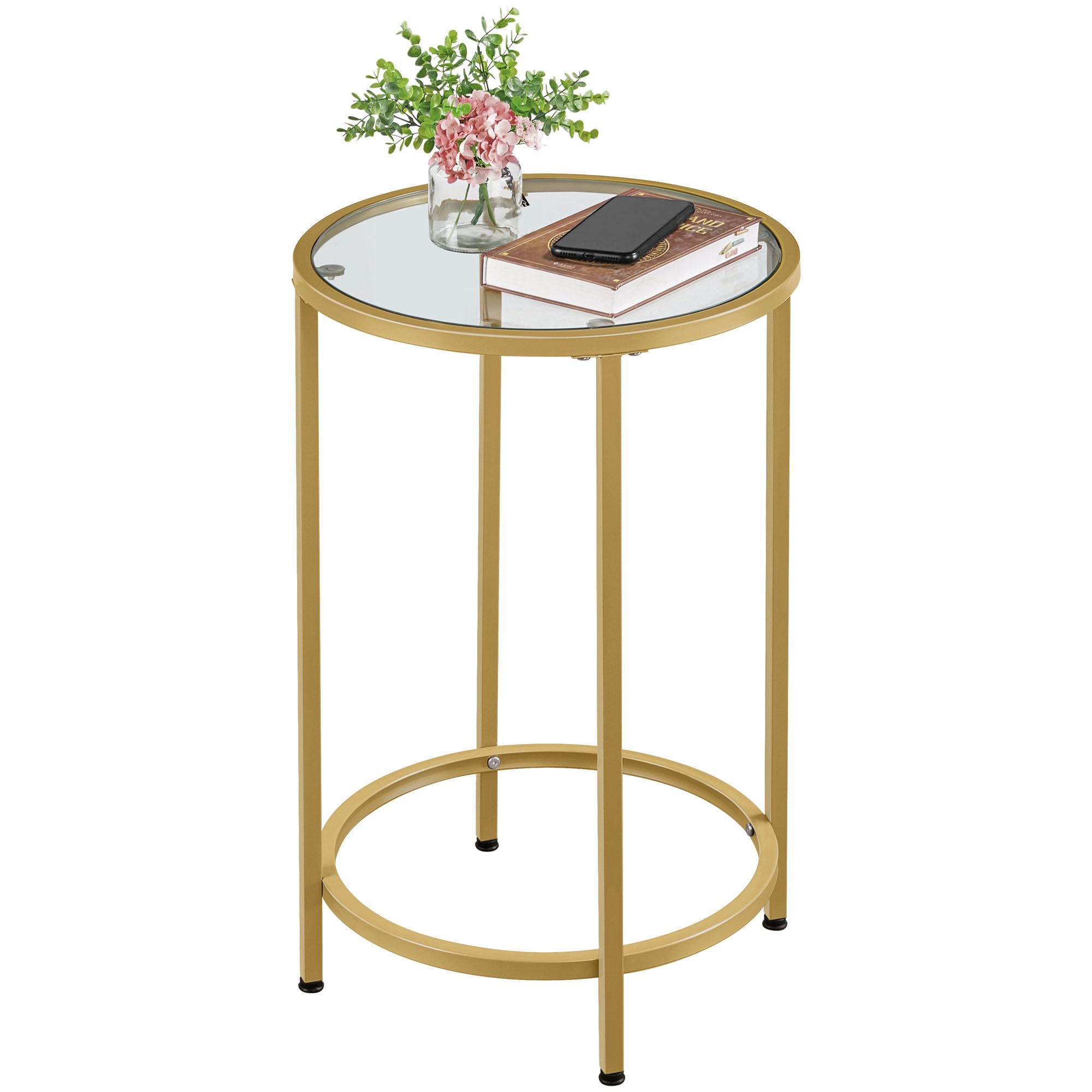 Yaheetech Glass End Table, Round Side Table, Small Coffee Accent Table Nightstand w/Glass Top & Metal Frame for Living Room, Balcony, Bedroom, Porch, Small Space, Modern Style, Mustard Gold