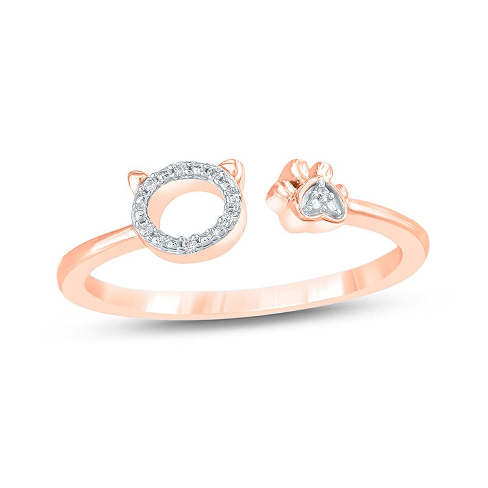GEMSPARKLES 1/9CTW Round Cut CZ White Diamond Cat & Paw Open Ring For Womens In 14K Rose Gold Plated 925 Silver_9