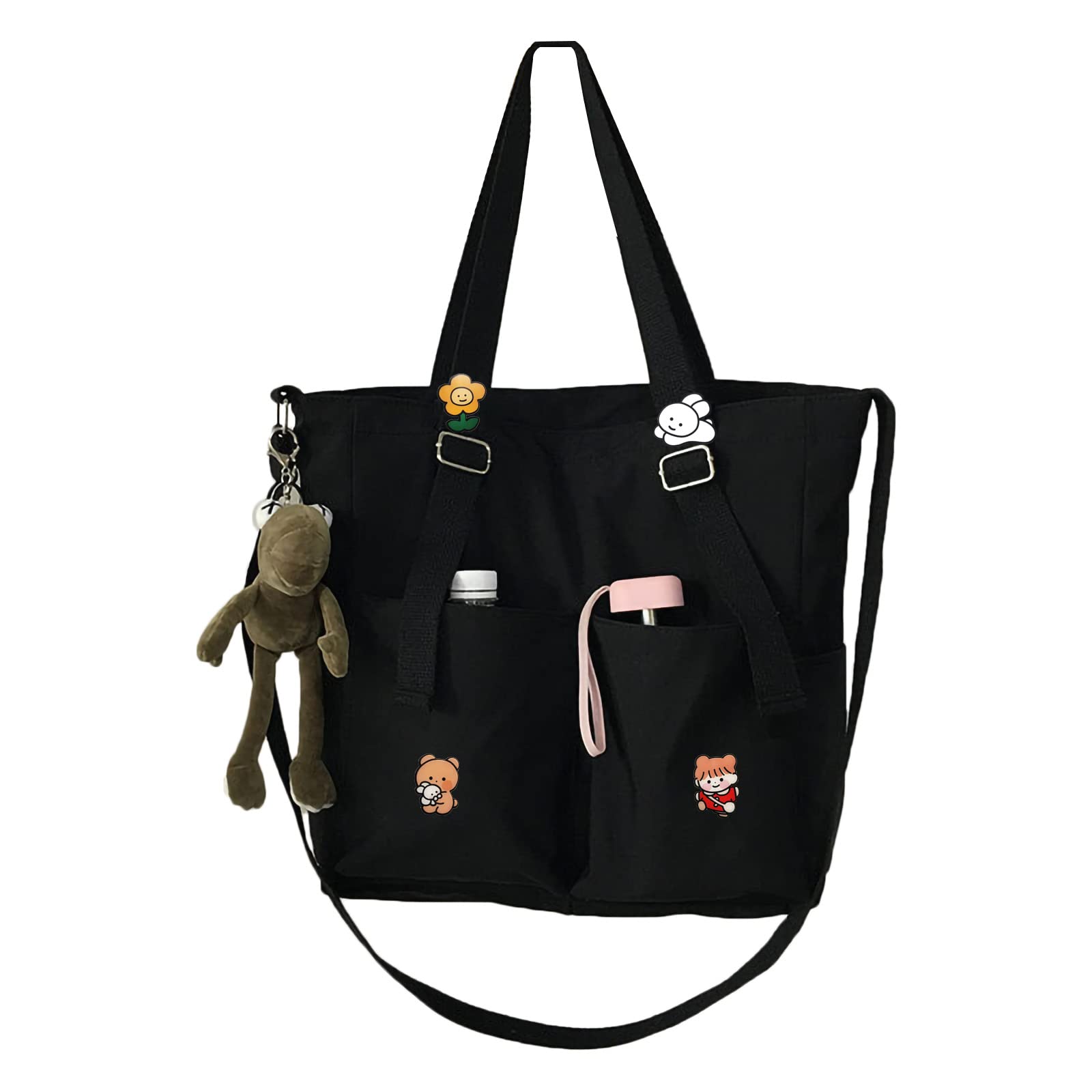 HSEONEJIA Women Large Crossbody Tote Bag, Kawaii Shoulder Bookbag Messenger Bag (Black)