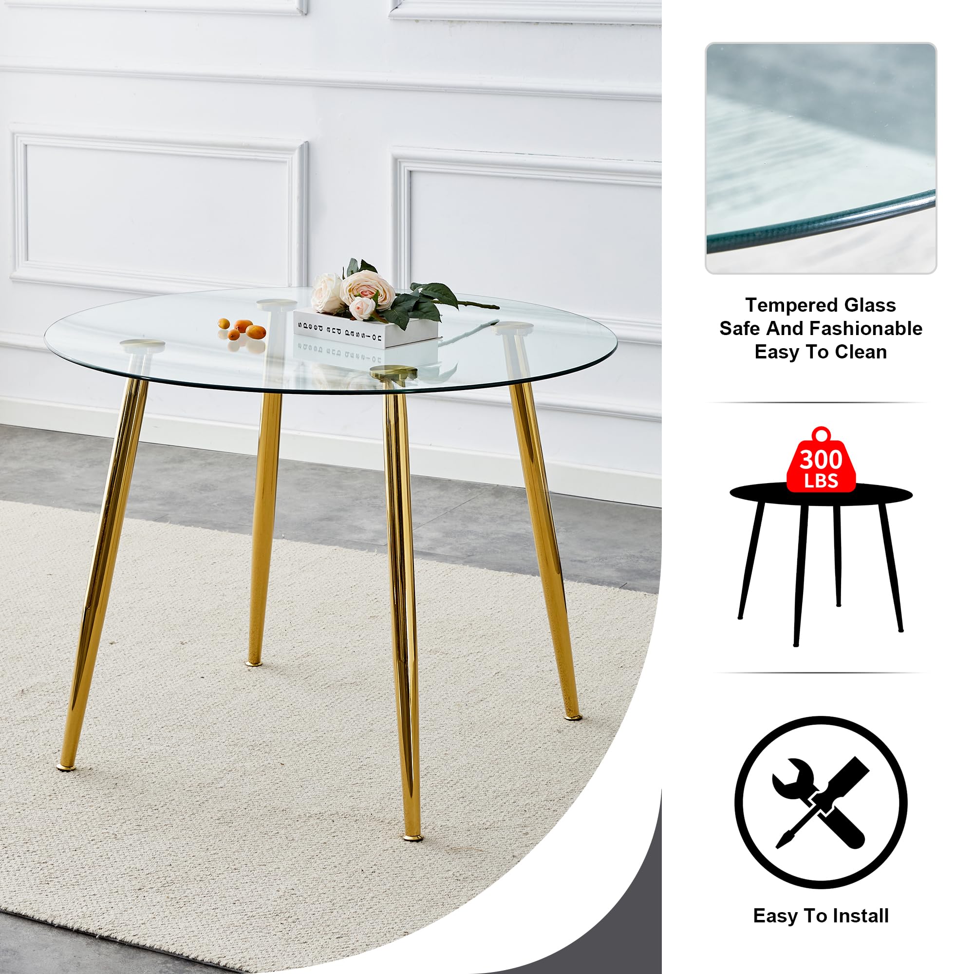 gopop Glass Dining Table Set for 4,5 Piece Round Dining Table Set,Gold Glass Dining Table with 4 White Leather Dining Chairs,Round Kitchen Table Set,Ideal for Apartment Living Room