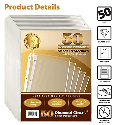 GOLD SEAL 50 Count Diamond Clear Sheet Protectors, Anti Glare Coating, Standard Durable Weight,8.5 x 11", Topload, 50 Pack