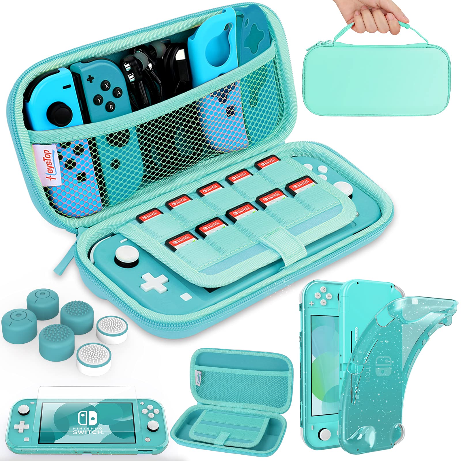 HEYSTOP Compatible with Switch Lite Carrying Case, Switch Lite Case with Soft Glitter TPU Protective Case Games Card 6 Thumb Grip Caps for Nintendo Switch Lite Accessories Kit(Turquoise)