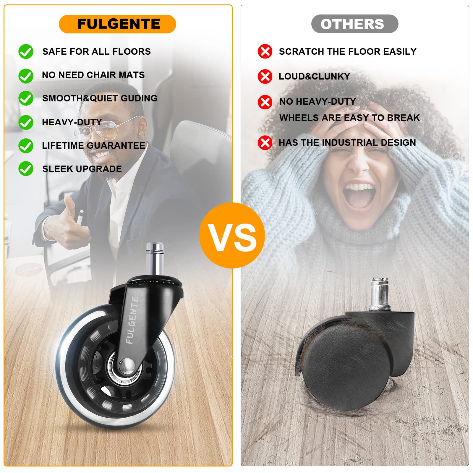 Fulgente Office Chair Caster Wheels(Set of 5), Heavy Duty Protection for Hardwood & Tile Floors Without Mat, Replacement Rubber Chair Casters Universal Fit 7/16 inch -Quick & Quiet Rolling Over Cables