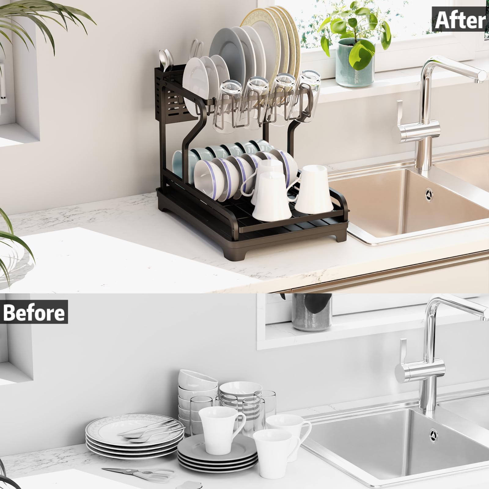HORIAMIT Dish Drying Rack for Countertop, Large 2-Tier Rustproof Dish Rack with Drainboard, Glass Holder, Utensil Holder
