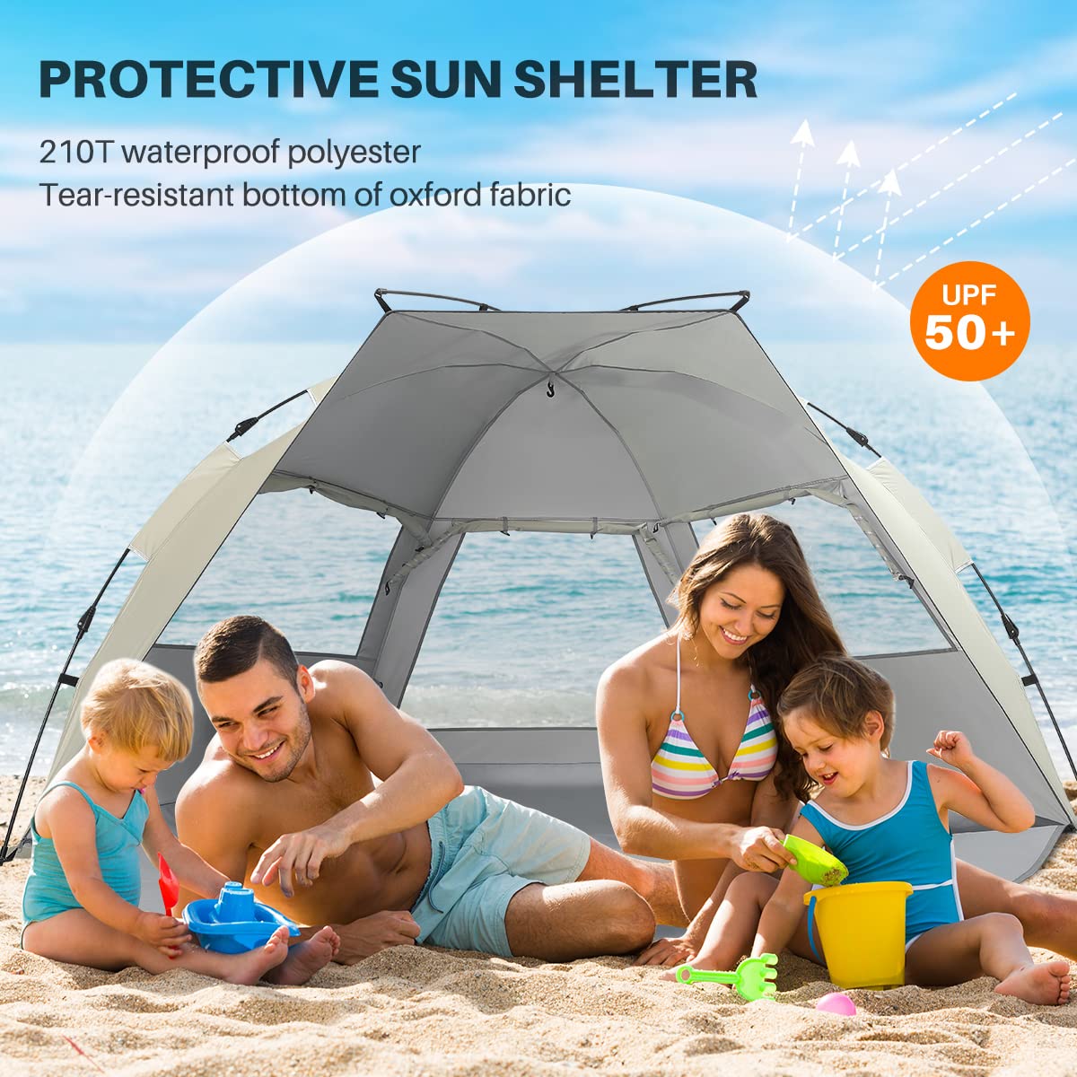 HITOSPORT Hitosport Beach Tent, Sun Shelter, Pop Up Shade, Easy Setup XL Sun Tent for 4 Person, Outdoors, Windproof, UPF 50+, Tent Stakes, G