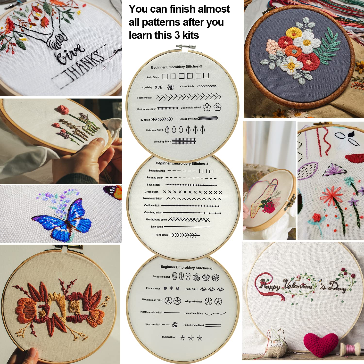 GOONAVI Beginner Embroidery Stitch Practice Kit, 3 Sets Embroidery Kit Include Embroidery Cloth with 30 Different Stitches Pattern Instructions Embroidery Hoops Threads and Tools for Craft Lover