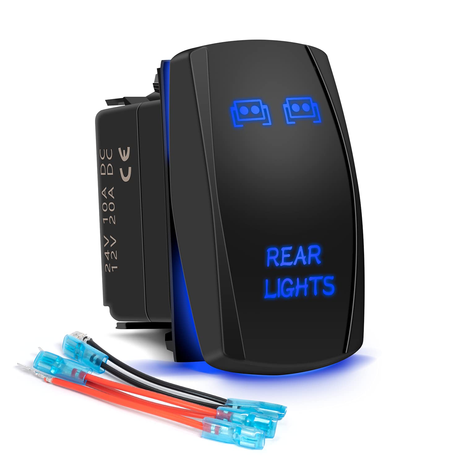 FXC Rocker Switch 5 Pin ON-OFF 12V/20A 24V/10A "Rear Light" with Switch Jumper Wire for Marine Boat Car Rv Vehicles Truck（Blue)