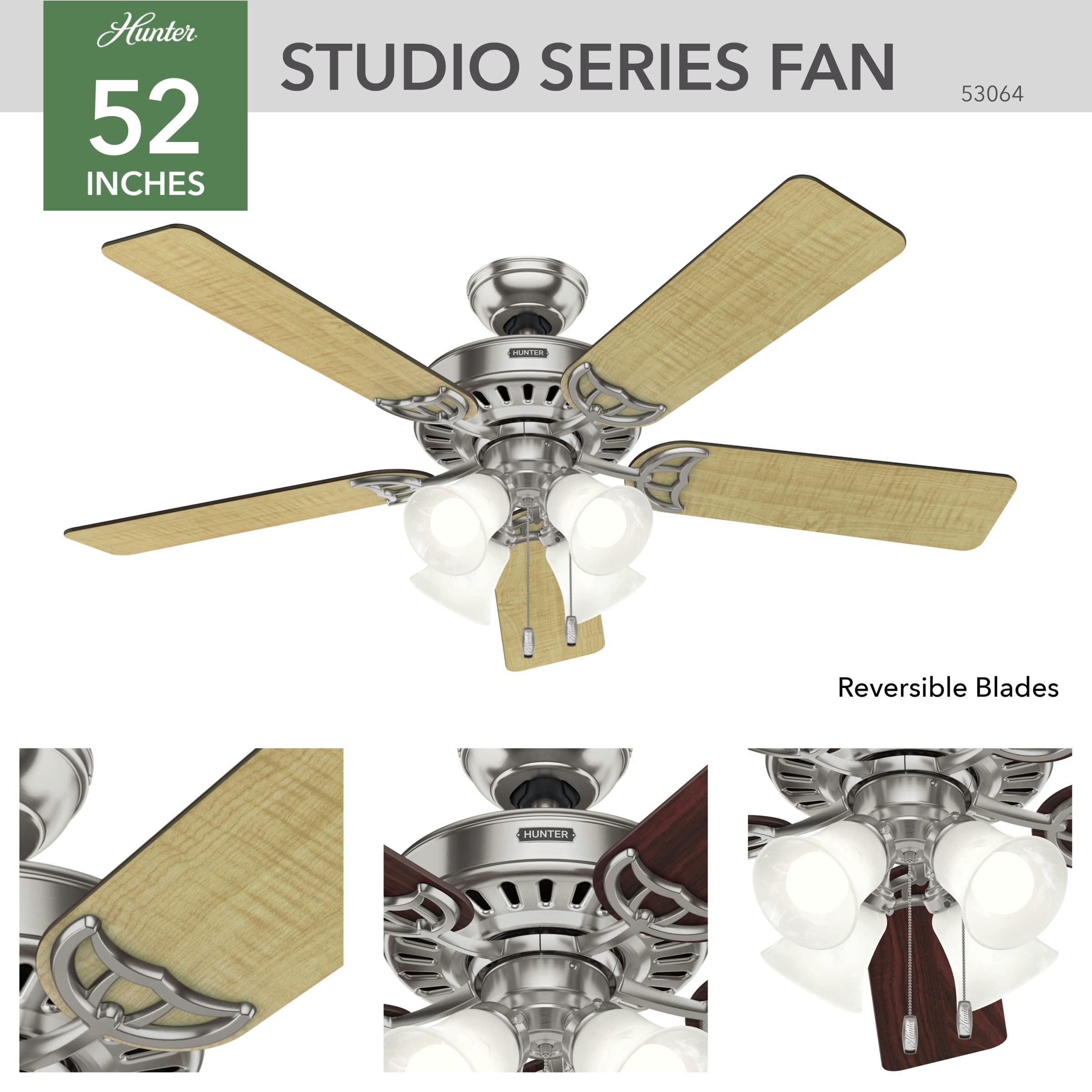 Hunter Fan Company 53063 Studio Series 52 Inch Ceiling Fan with 4 Covered Energy Efficient LED Lights and Pull Chain Control, Antique Brass, 52