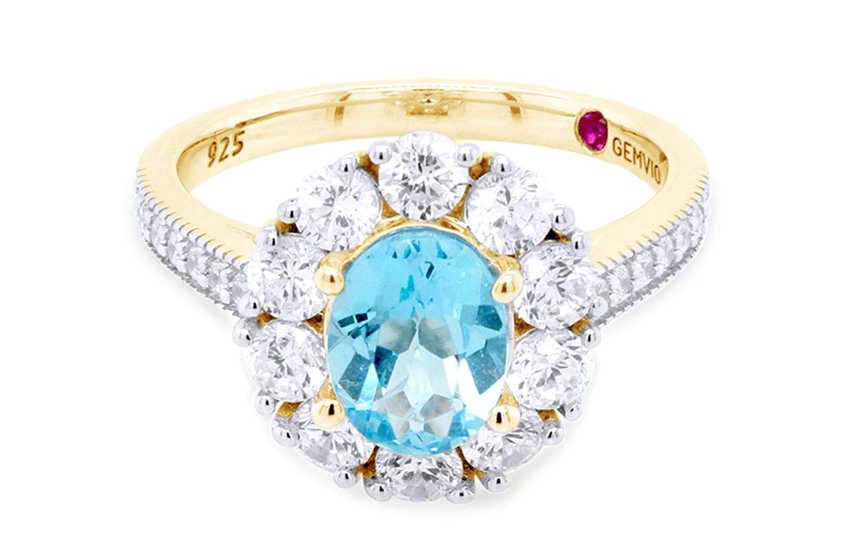 GEMVIO Collection 3 1/2 CT Cluster Halo Design, 6X8MM Oval Blue Topaz & Cubic Zirconia Ring 14k Yellow Gold Over Sterling Silver Engagement Wedding Promise Ring For Womens (3.50Cttw) Ring Size-7.5