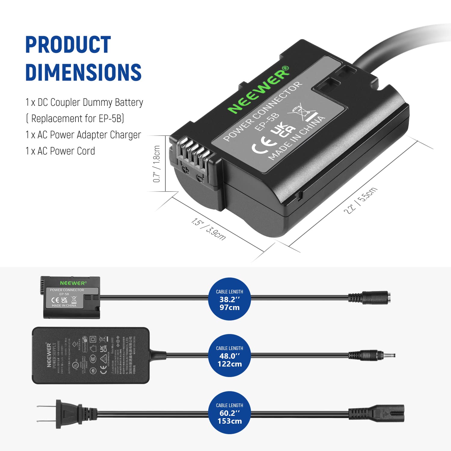 NEEWER Dummy Battery with AC/DC Coupler Power Adapter Replacement for EP-5B/EN-EL15, Power Supply Compatible with Nikon Z5 Z6 Z7 Z6II Z7II D500 D610 D750 D780 D800 D810 D850 D7000 D7100 D7200 D7500