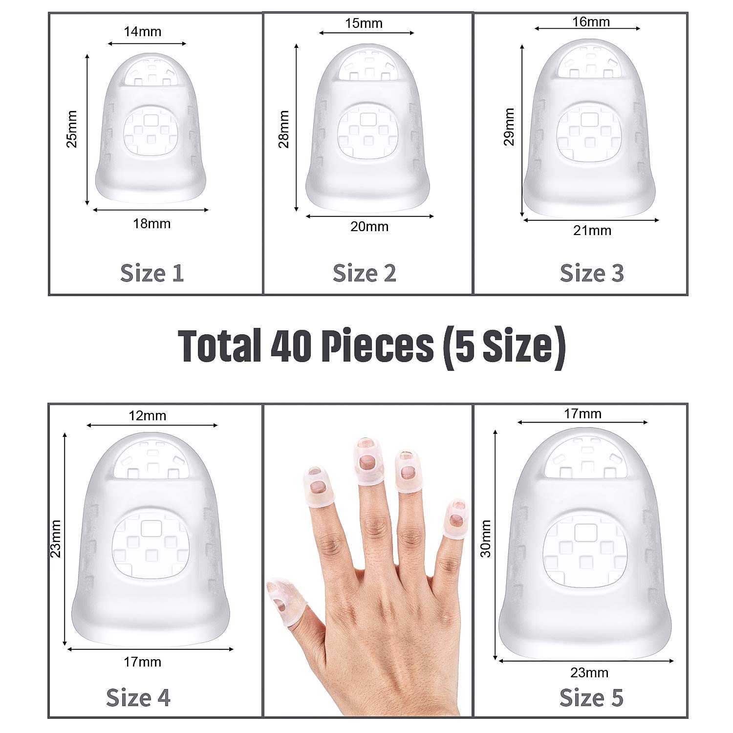 Frienda 40 Pieces Guitar Fingertip Protectors Silicone Finger Guards Anti-slip Finger Protection Covers Caps for Stringed Instruments Guitar Mandolin Bass Counting Sewing, 5 Sizes