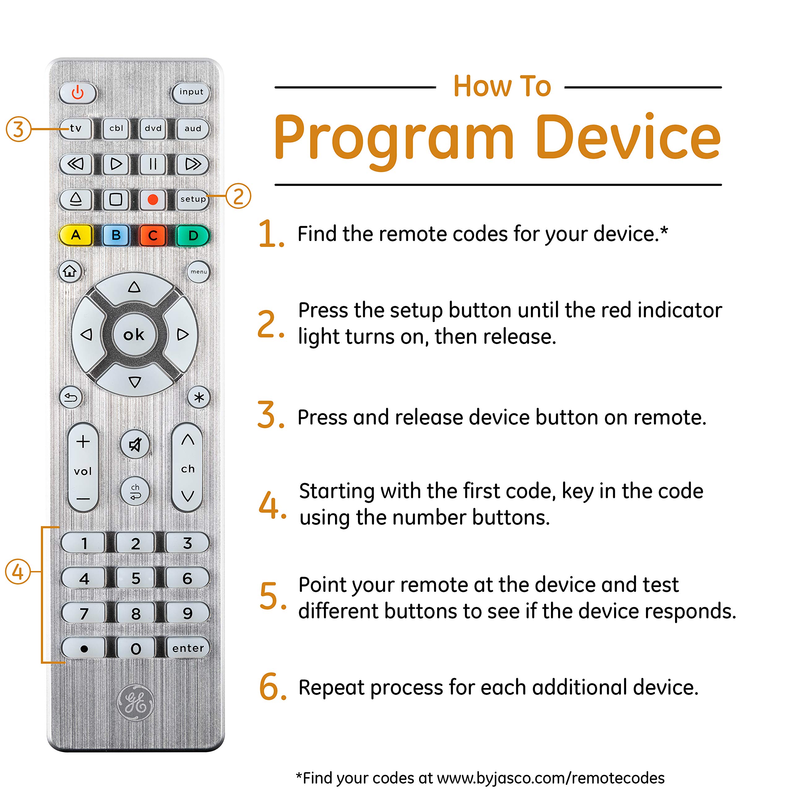GE Backlit Buttons Universal Remote Control, Samsung TV Remote Control Replacement, Samsung Remote Control for Smart TV, Roku Remote Replacement, Vizio, LG TV, Sony, Apple TV, 4-Device, Silver, 48844
