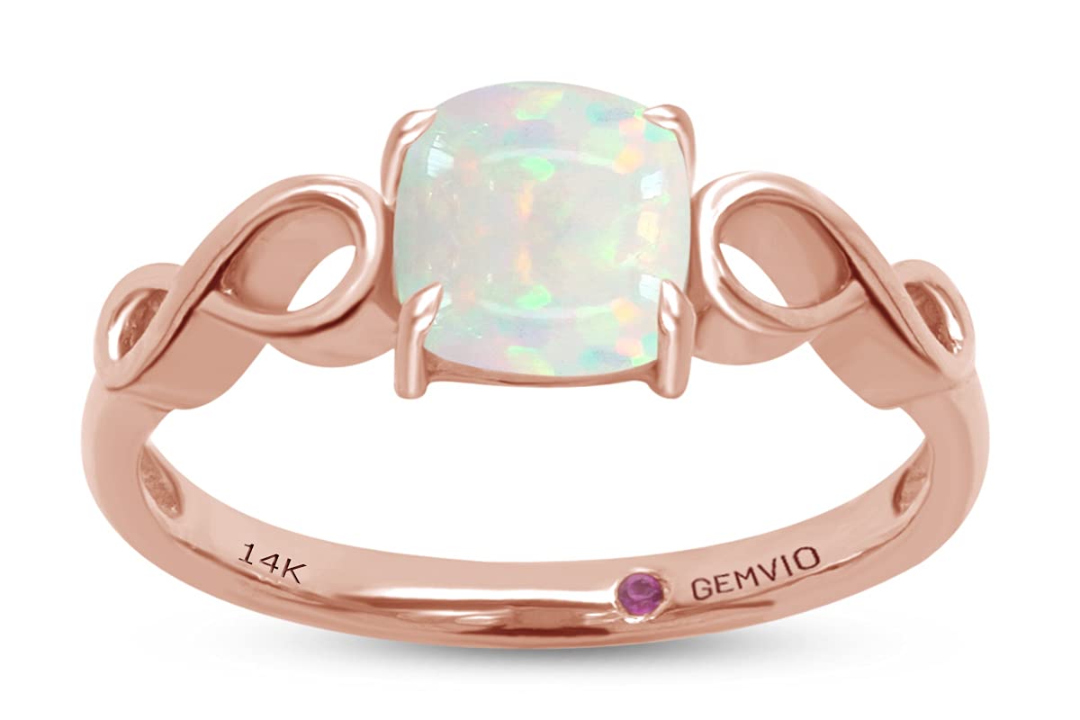 GEMVIO Collection 6MM Cushion Cut Natural Opal Gemstone Infinity Solitaire Engagement Wedding Anniversary Ring in in 14K Rose Solid Gold Jewelry For Women Ring Size -6