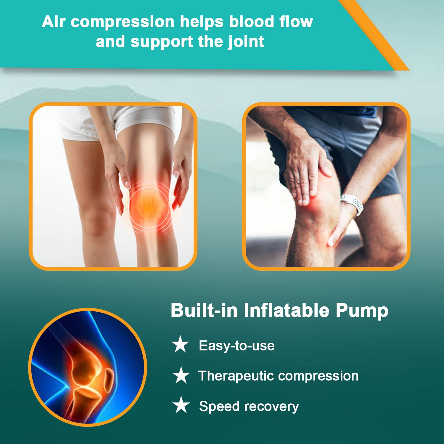 Inflatable Knee Brace with Built-in Pump; Compression Knee Wrap - Reusable Brace with Air Pump - for knee Pain Relief, Swelling and Recovery Support - Adjustable and Inflatable for Sports Injury Sprains