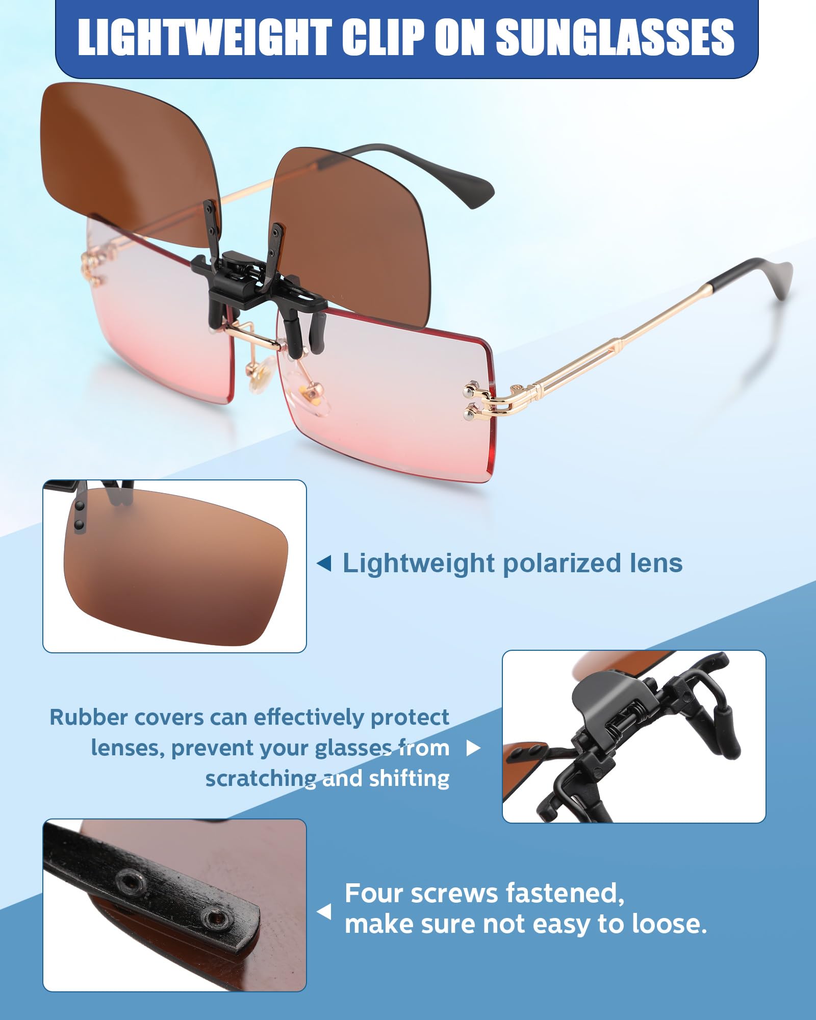 Frienda 5 Pairs Polarized Clip On Sunglasses Rimless Flip Up Anti Glare Driving Glasses (Various Color,2.24 x 1.42 Inch)