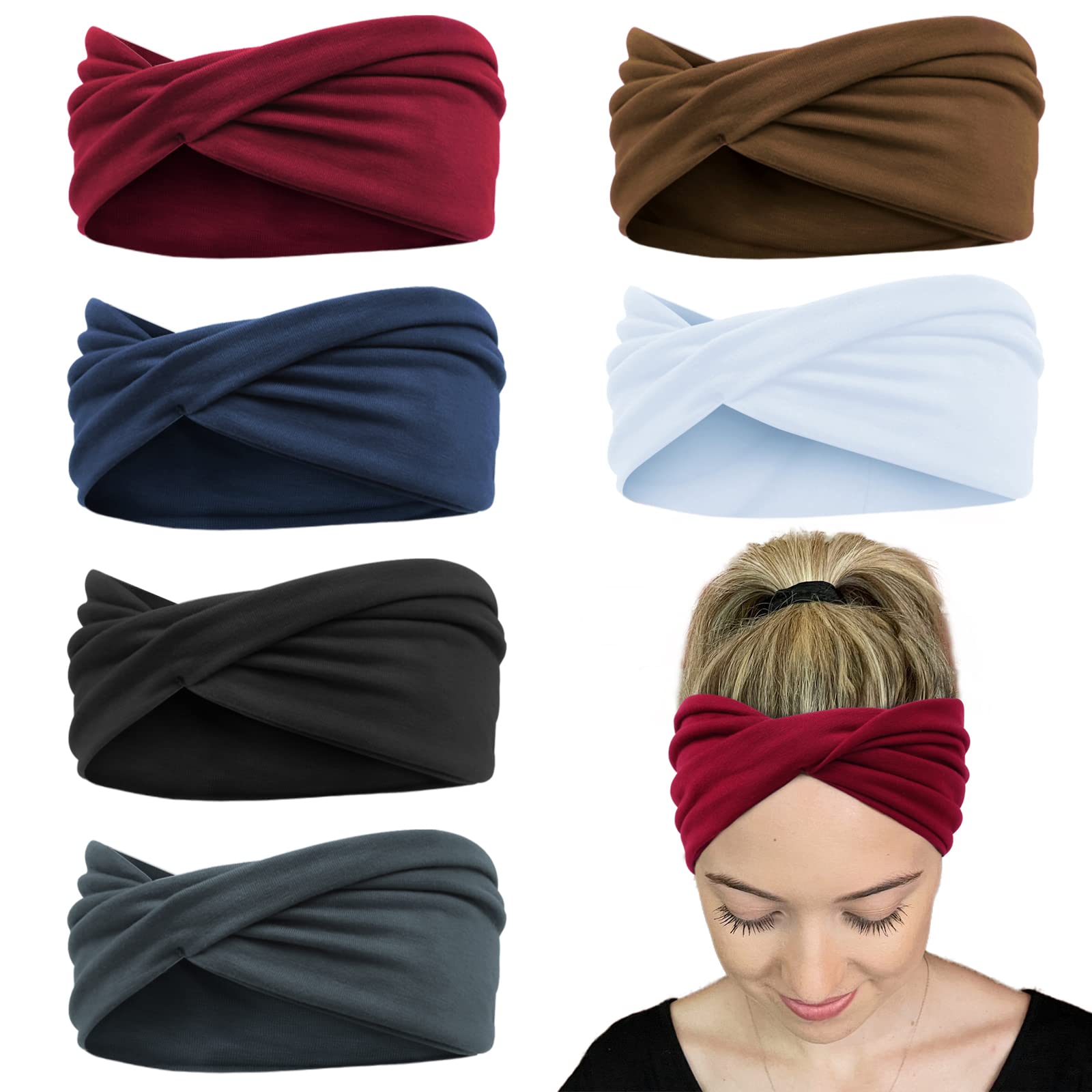 Huachi Twisted Headbands for Women's Hair Non Slip Wide Boho Bandana Head Bands Cute Elastic Workout Hair Accessories, 6 Pack
