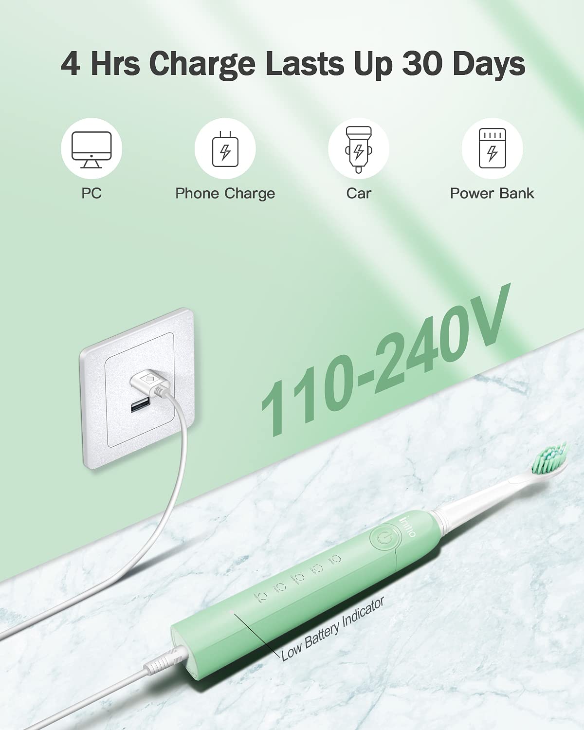 Initio Sonic Electric Toothbrush for Adults Rechargeable Toothbrush with Smart Timer 5 Modes 3 Brush Heads 40,000 VPM Motor Whitening Power Toothbrush IT959 (Mint Green)