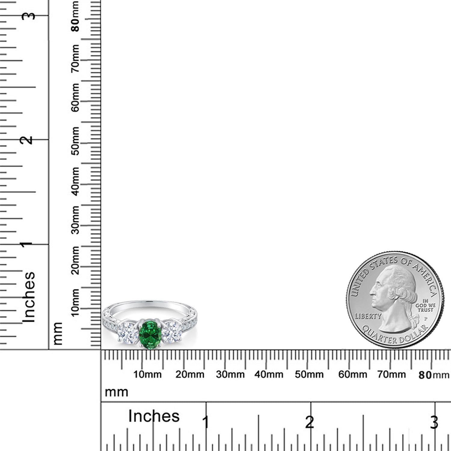 Gem Stone King 925 Sterling Silver Oval Green Simulated Emerald 3 Stone Ring | 2.22 Cttw | 3 Stone Wedding Engagement Anniversary Promise Ring For Women (Size 7)