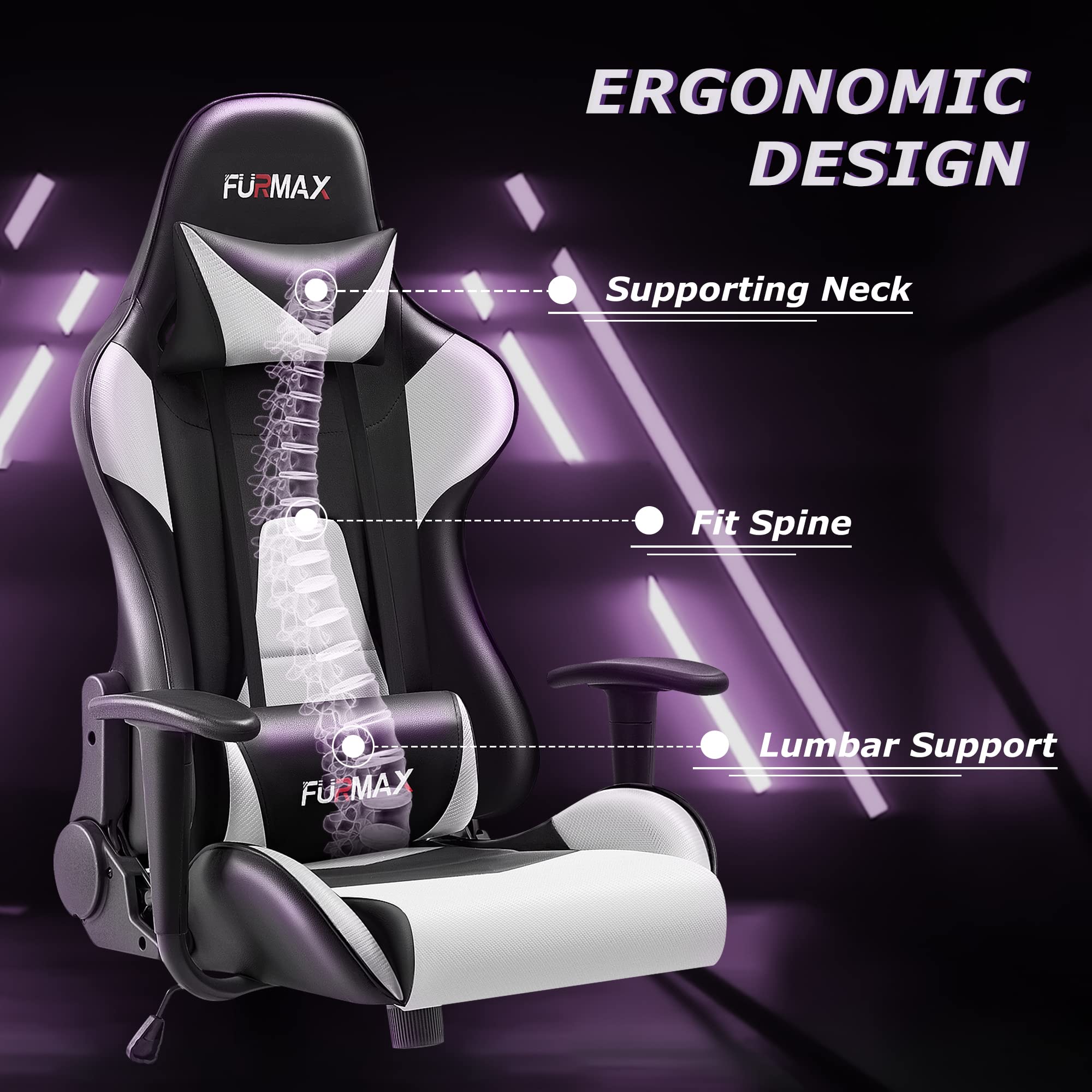 Furmax Video Gaming Chair Ergonomic PC Computer Office Chair Racing Leather Adjustable Swivel Chair with Headrest and Lumbar Support for Adults (Black/White)