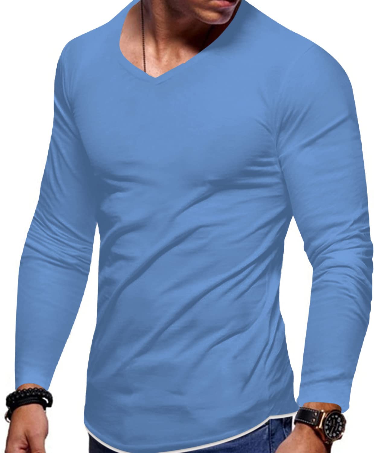 iWoo Mens V Neck Sweater Long Sleeve T Shirts Gym Bodybuilding Tee Shirt Pullover Tops Basic Undershirt Tees Blue XXL