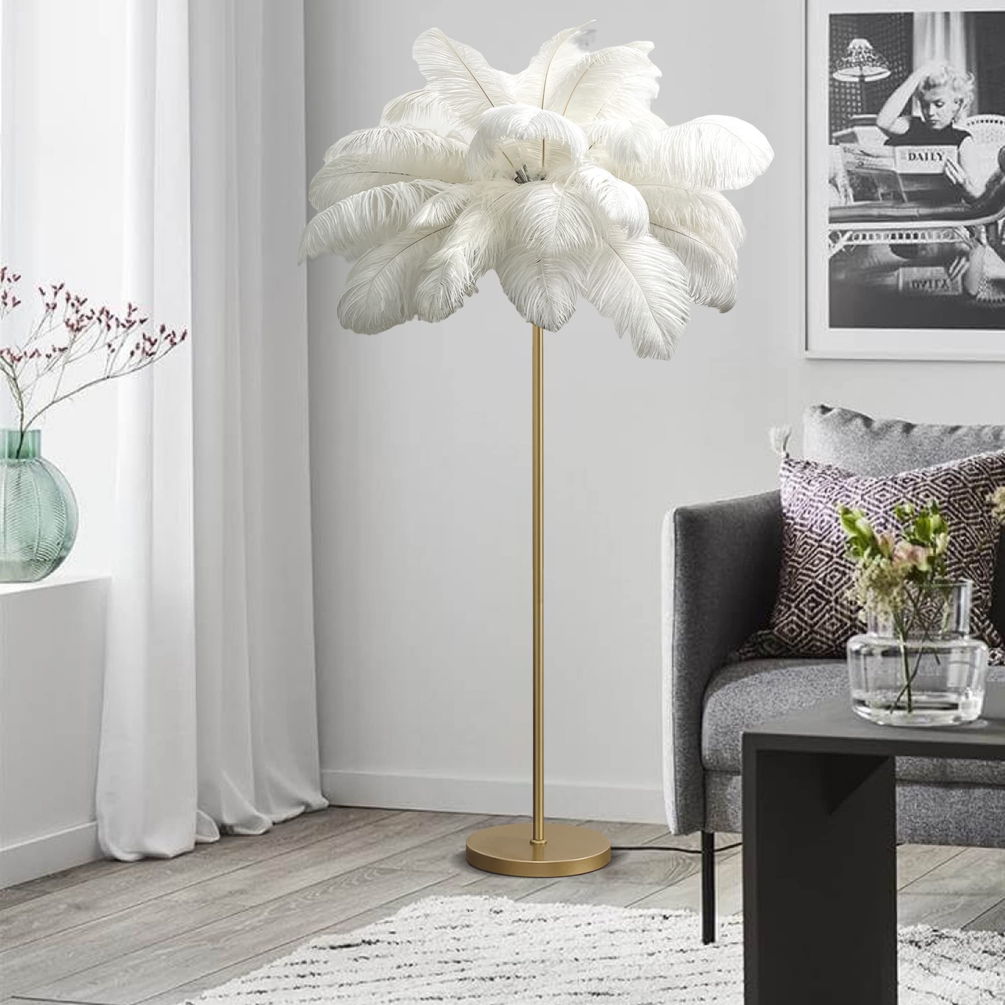 HDXZTQ Floor Lamp, Standing Lamp Tall Feather Floor Lamps 62.9in White Floor Lamps for Living Room Foot Switch / 6*G4 Feather Lamp