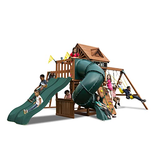 Gorilla Playsets 01-1109 Highlander Swing Set with Three Slides, Climbing Wall and Wood Roof (Amazon Exclusive), Cedar