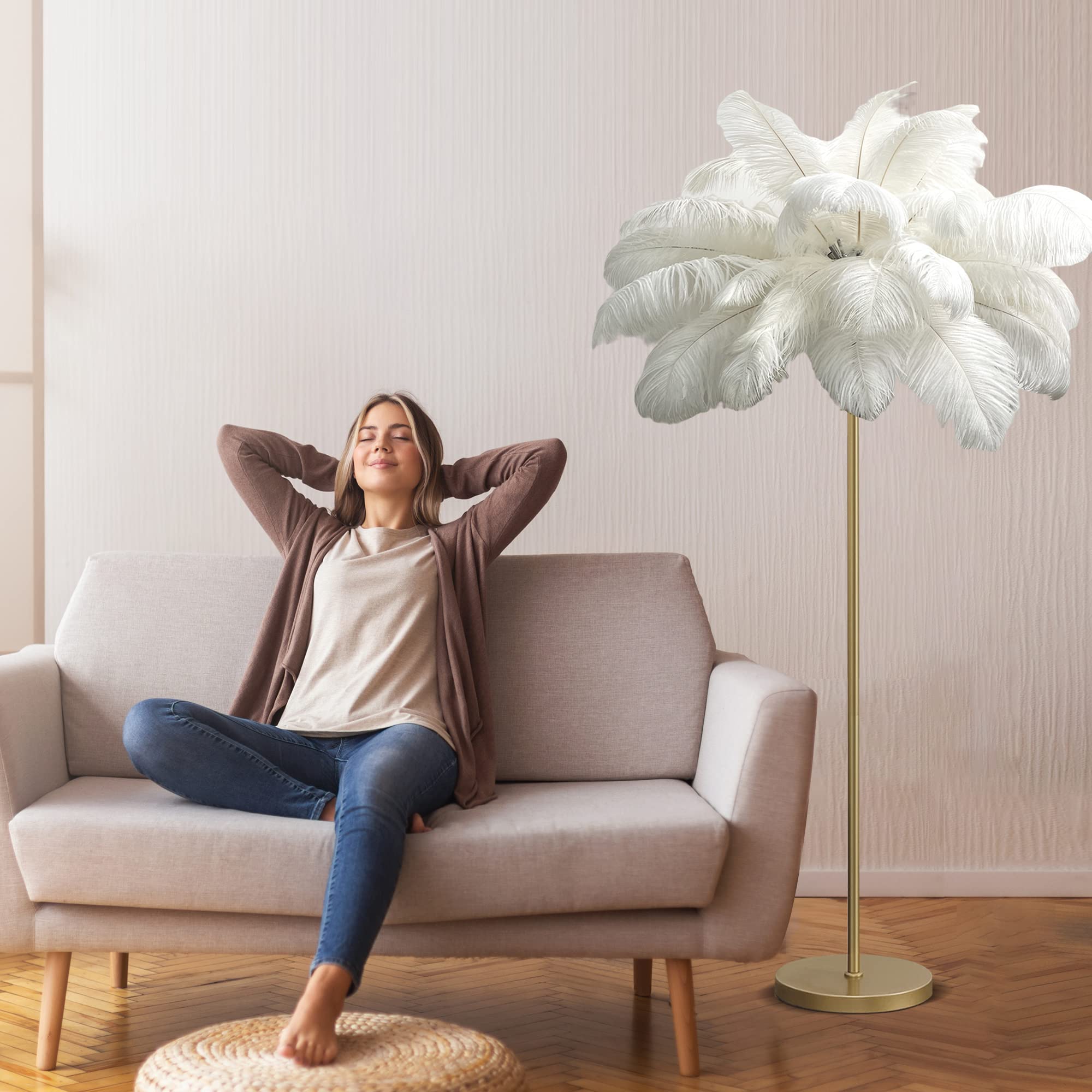 HDXZTQ Floor Lamp, Standing Lamp Tall Feather Floor Lamps 62.9in White Floor Lamps for Living Room Foot Switch / 6*G4 Feather Lamp