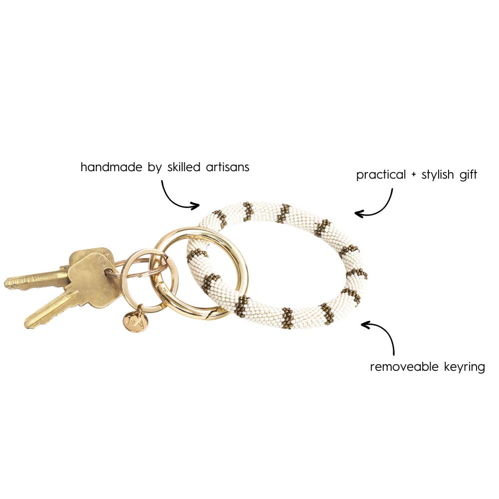 INK + ALLOY Women's Chloe Beaded Key Ring and Bracelet Handmade Jewelry for the Modern Bohemian (Ivory Gold Stripes)