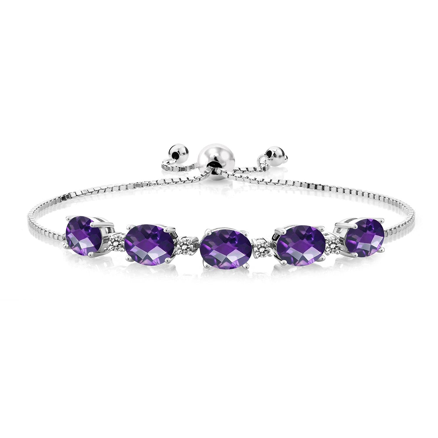 Gem Stone King 925 Sterling Silver Oval Checkerboard Purple Amethyst and White Diamond Tennis Bracelet For Women (6.26 Cttw, Gemstone Birthstone, Fully Adjustable Up to 9 Inch)